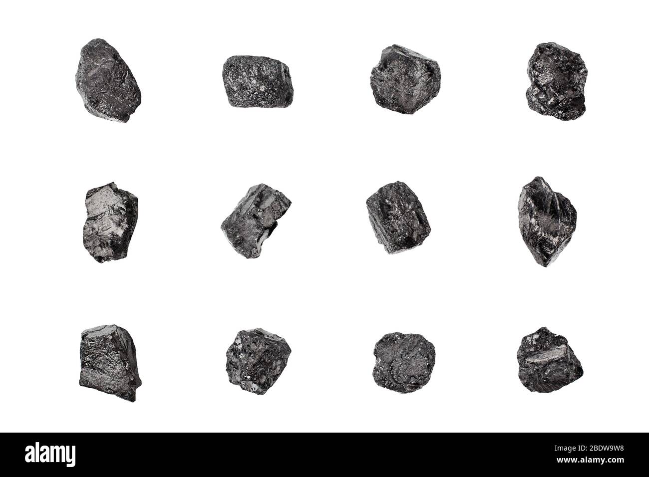 Black coal stones set on white background isolated close up, natural ...