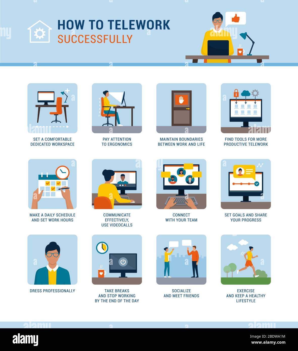 How to work from home successfully and boost productivity, vector ...