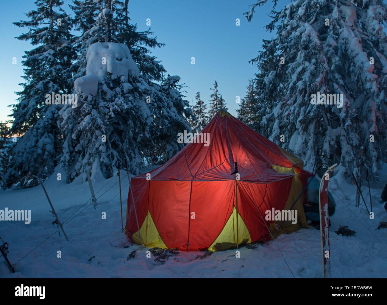 Overnight stop ( bivouac) in winter extreme travel. This is a ski ...