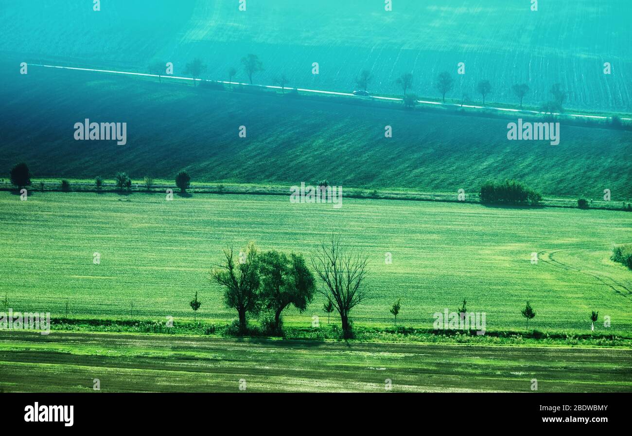 Green countryside landscape of hill with trees and fields Stock Photo ...