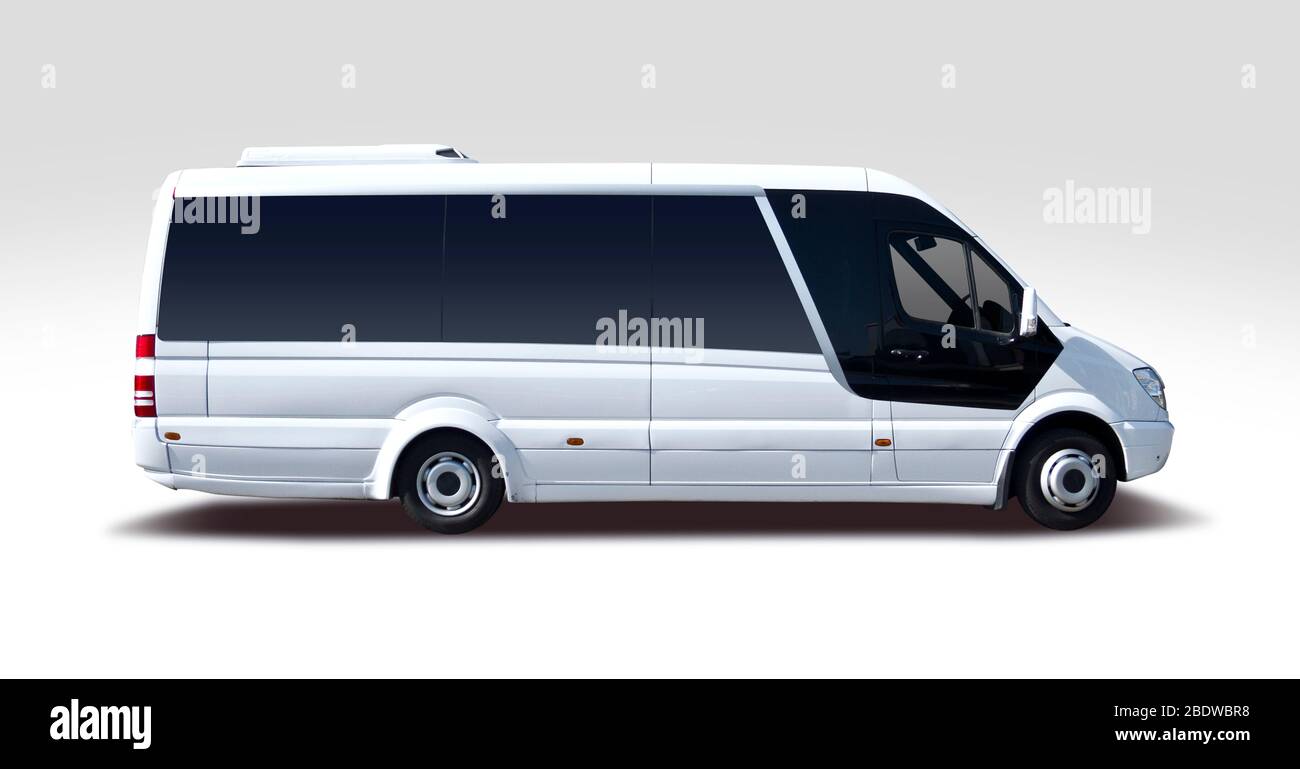 Small luxury white bus isolated on white Stock Photo - Alamy
