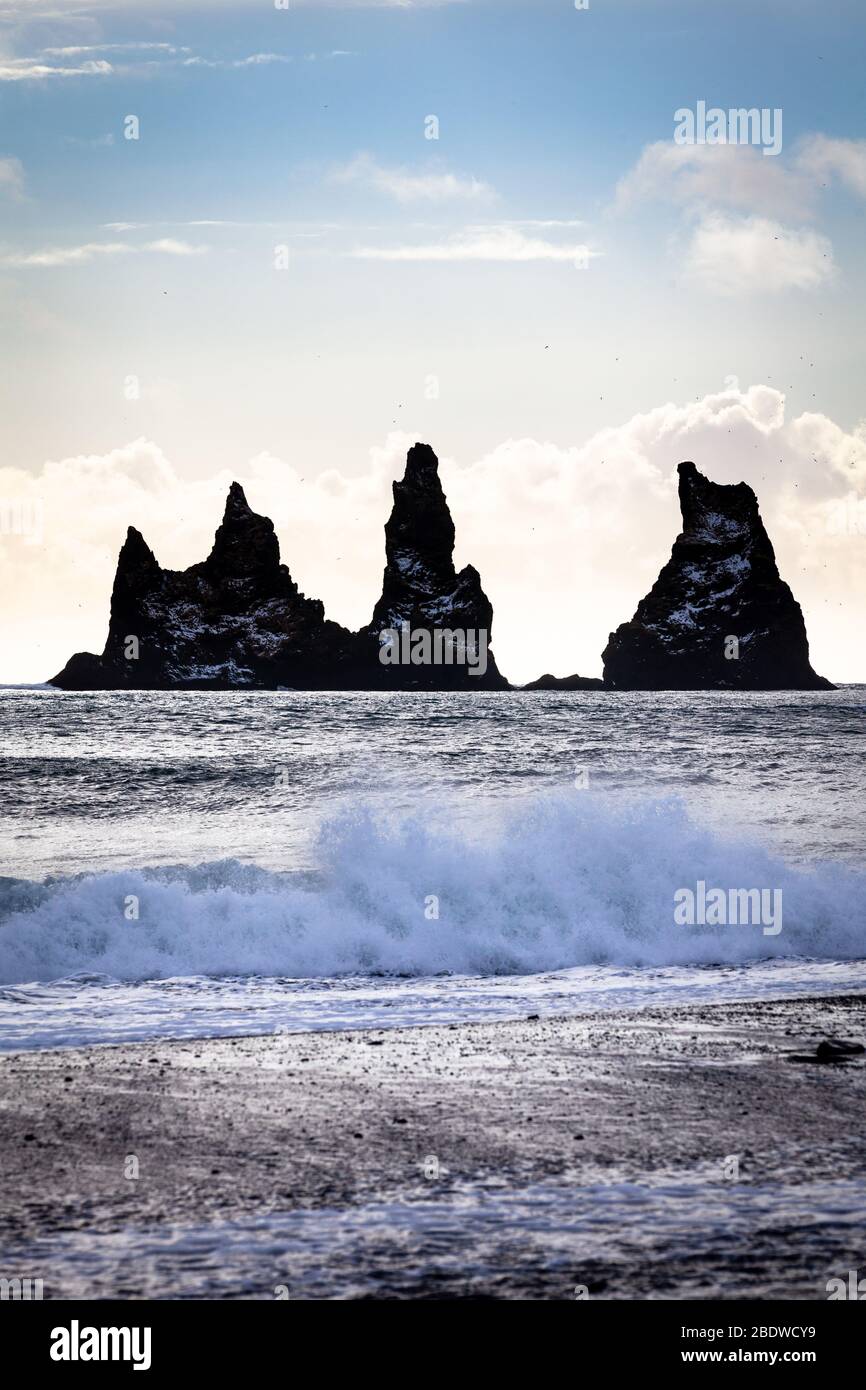 Reynisdrangar basalt sea stacks in winter at Vík í Mýrdal on Iceland's ...