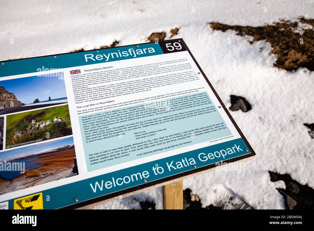 Information sign at the entrance to the famous Reynisfjara black sand ...