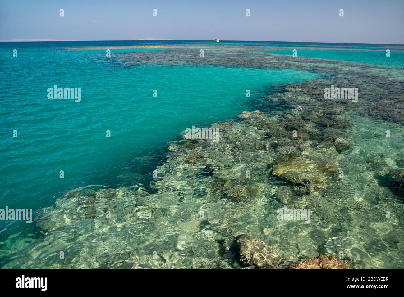 Transparent sea over coral reefs. Little ship is in background Stock ...