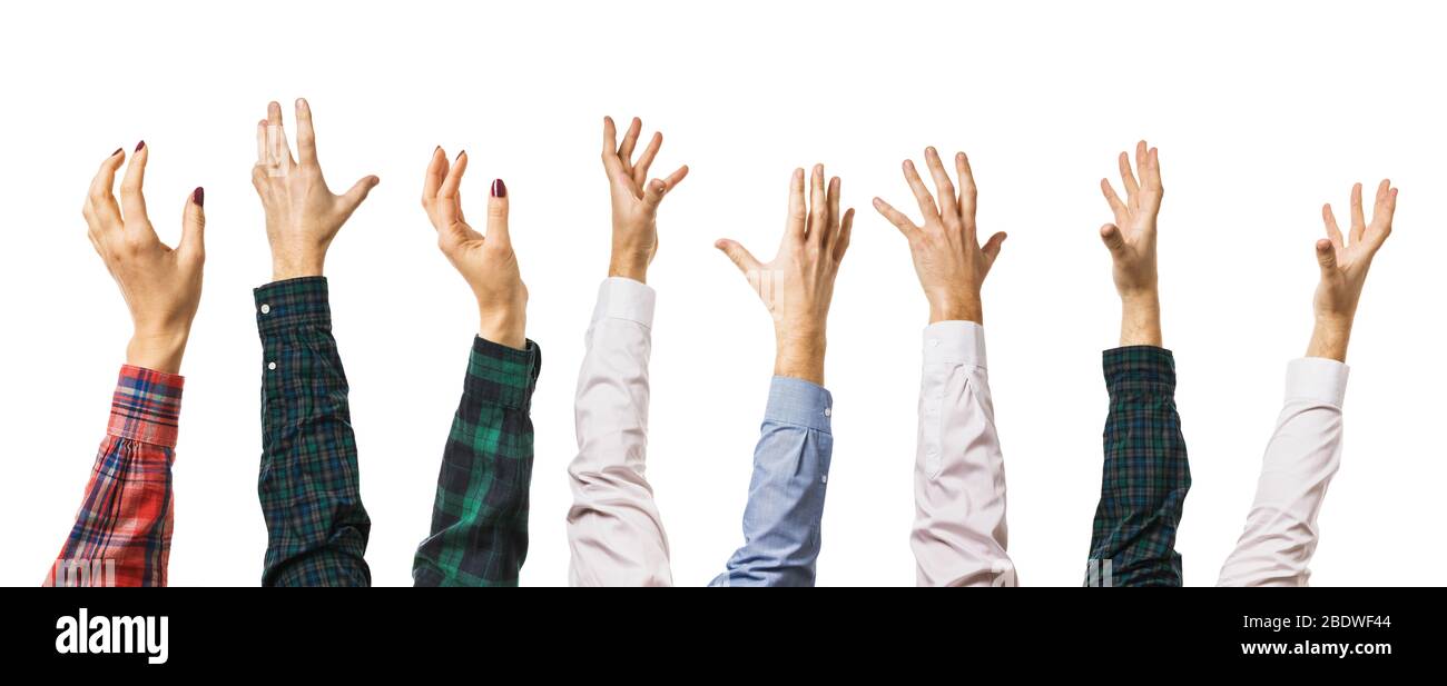 Many different hands raised up isolated on a white background Stock ...