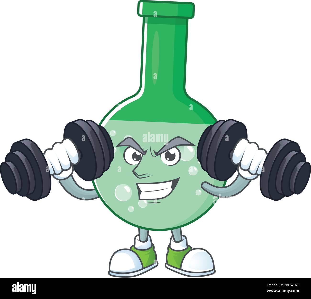 Fitness exercise green chemical bottle cartoon character using barbells ...