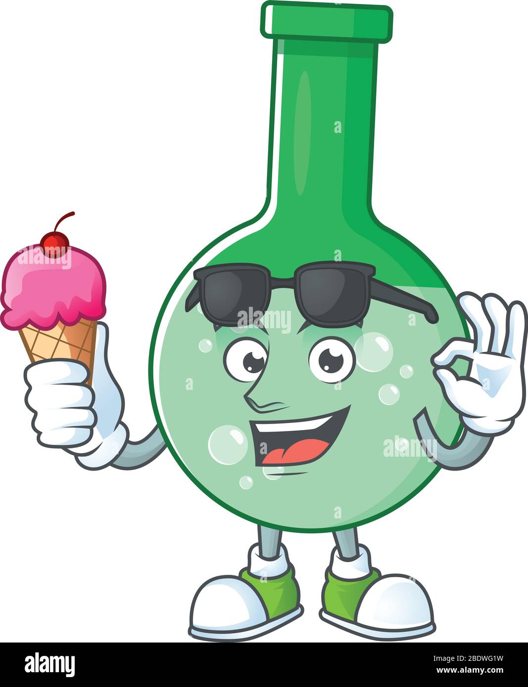 Cute green chemical bottle cartoon character enjoying an ice cream ...
