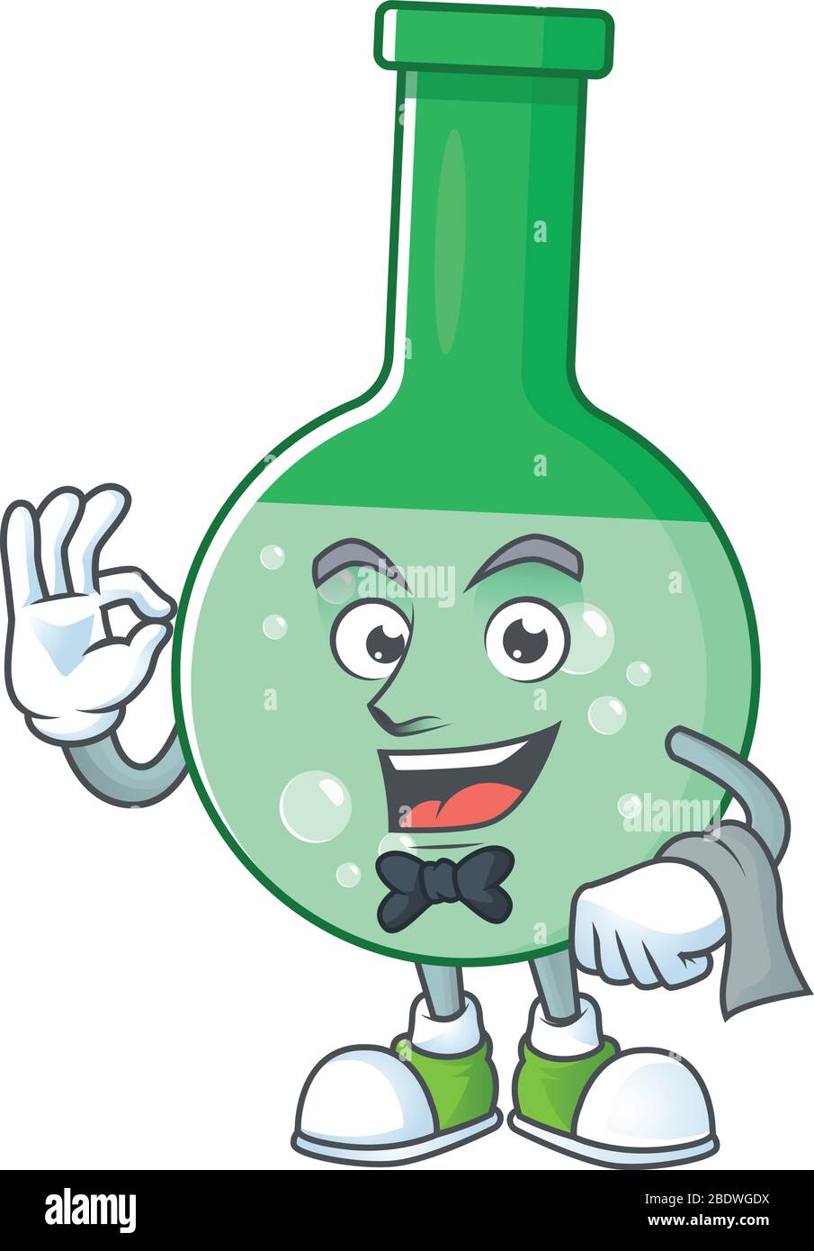 A green chemical bottle waiter cartoon character ready to serve Stock ...