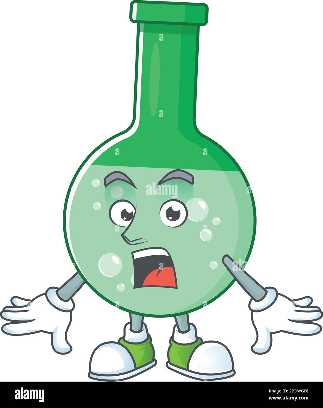 A cartoon design of green chemical bottle showing an amazed gesture ...