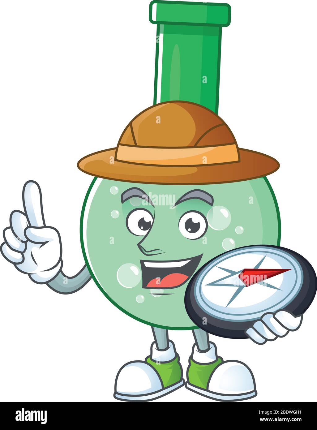 World explorer green chemical bottle cartoon design style using compass ...