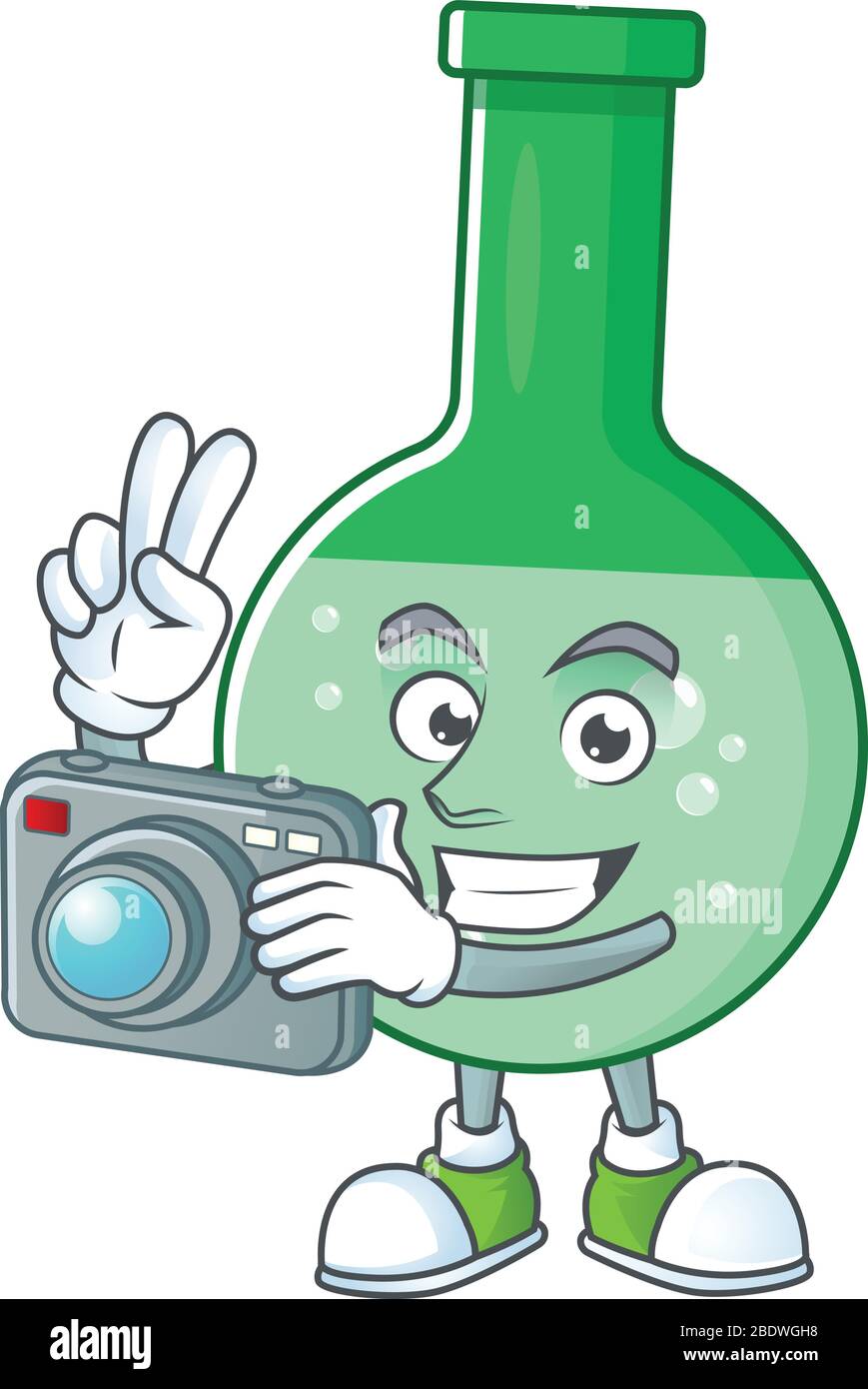 Green chemical bottle photographer mascot design concept using an ...
