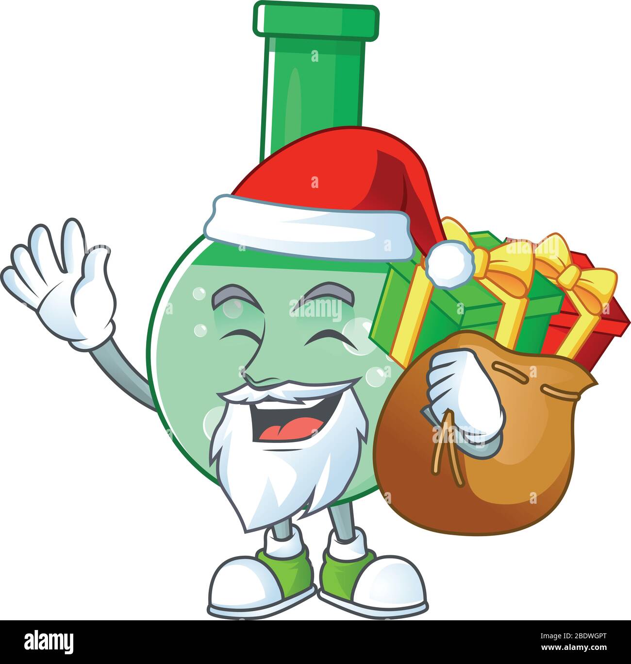 Santa green chemical bottle Cartoon character design with sacks of ...