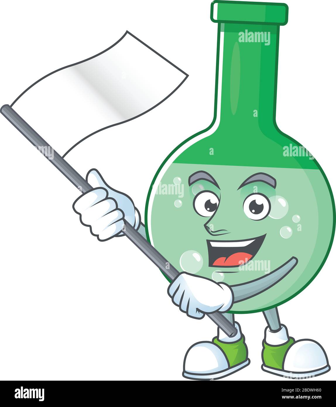 Cute cartoon character of green chemical bottle holding white flag ...