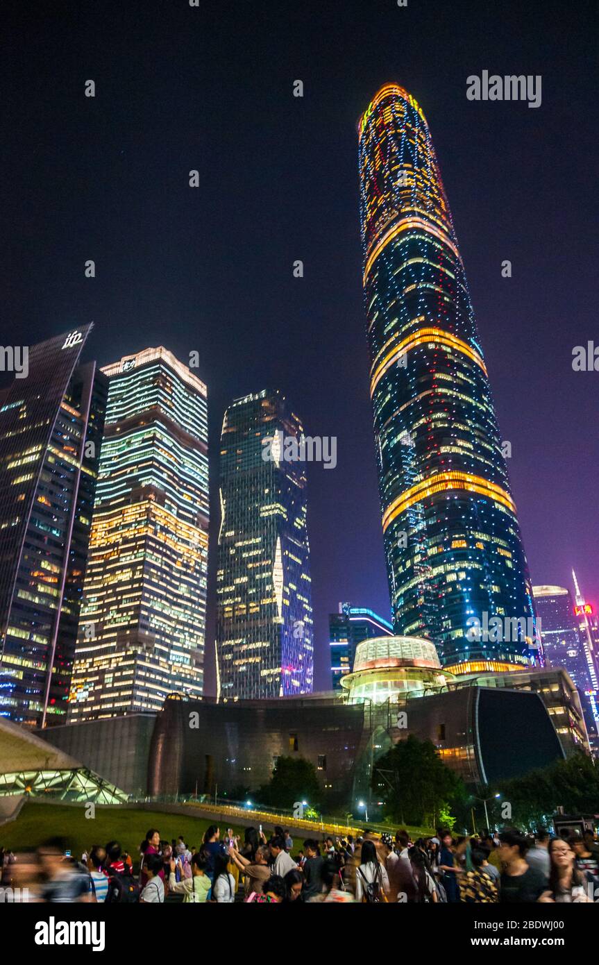 Night view of Guangzhou in the Zhujiang New Town area with the ifc and ...