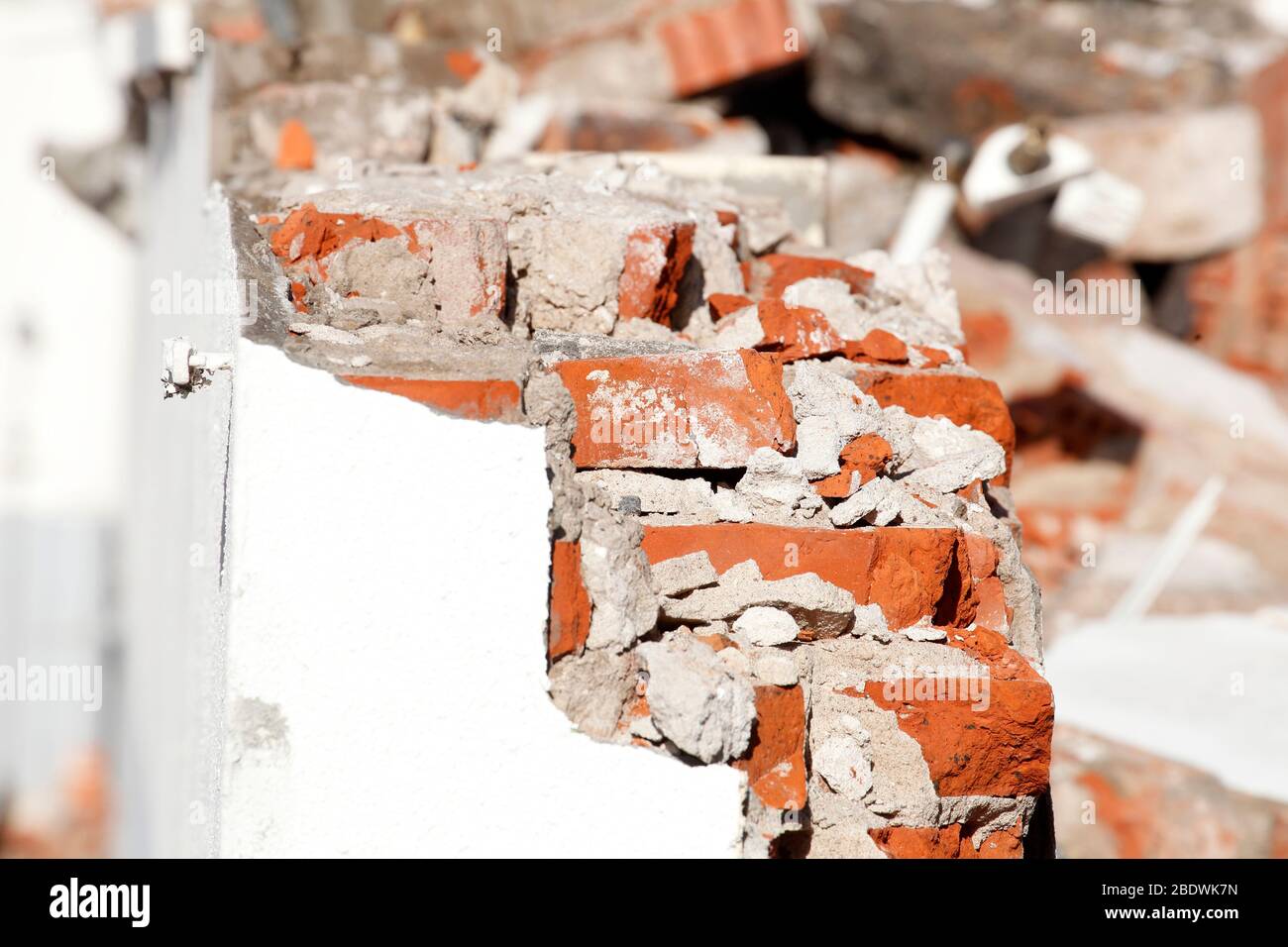 House demolition, remains of walls and debris from a demolished house ...