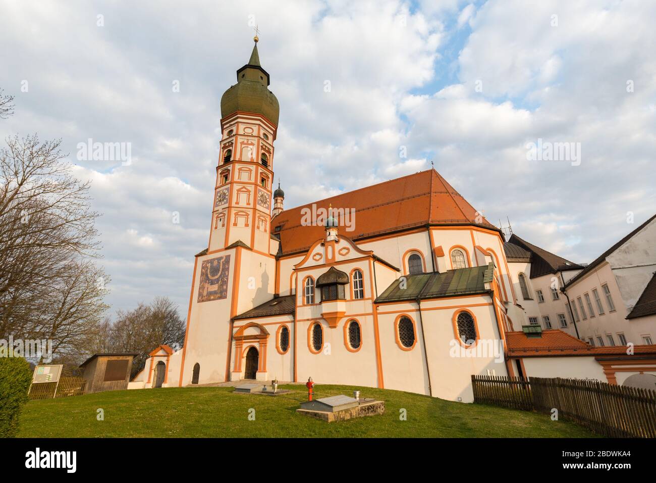 View on the church of Andechs abbey (Kloster Andechs). Located on so ...