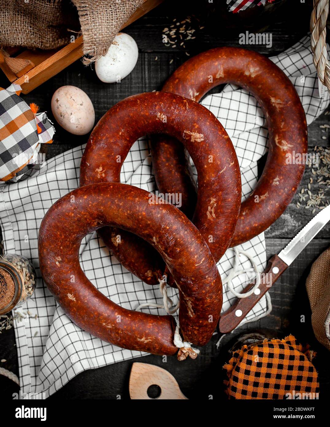 sausage on the table top view Stock Photo - Alamy