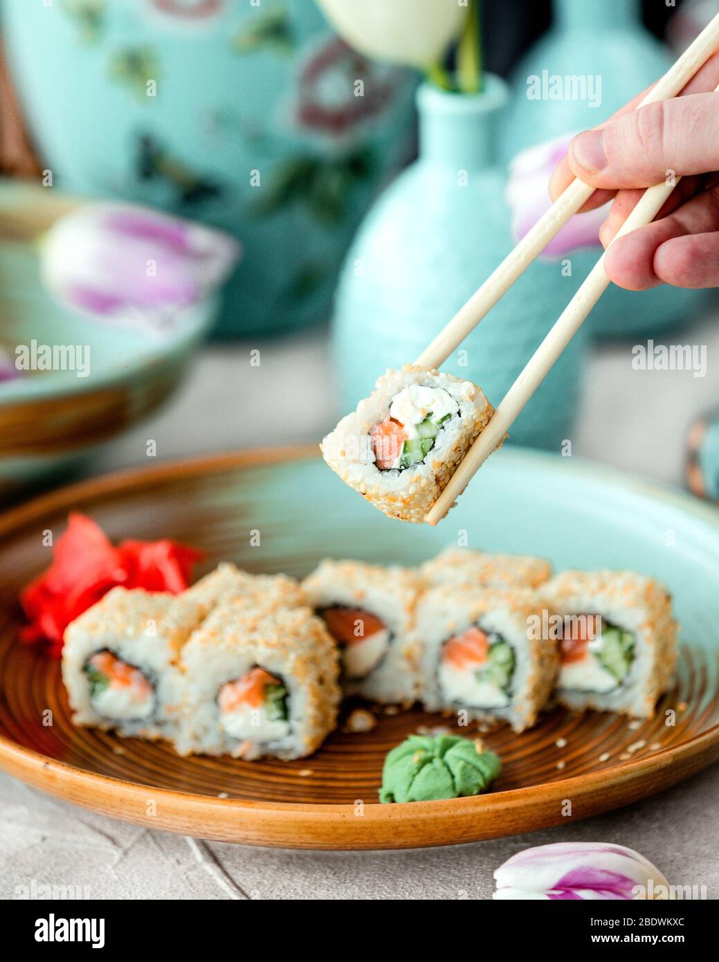 sushi set with salmon and rice Stock Photo - Alamy