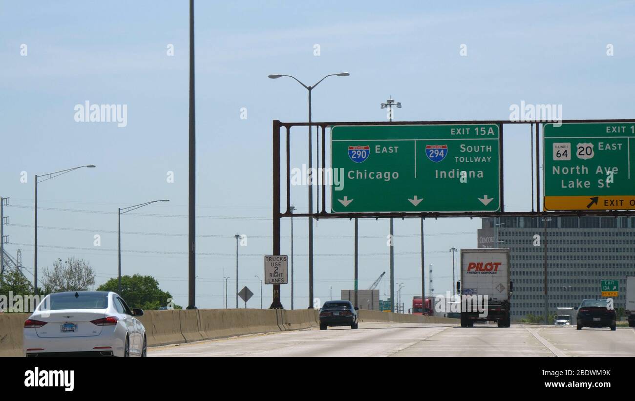 Freeway street signs to Chicago and Indiana - CHICAGO. UNITED STATES ...