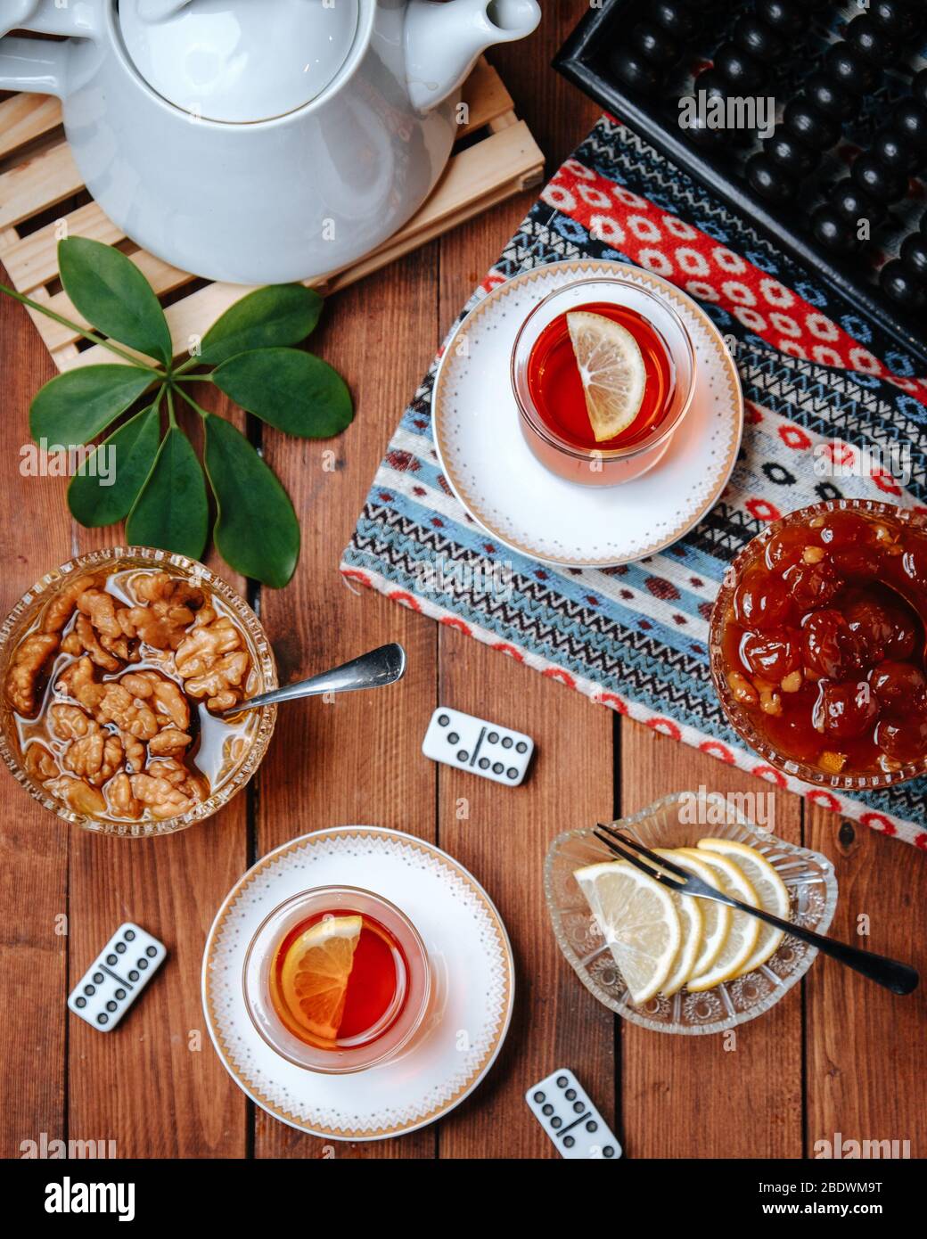 tea set on the table top view Stock Photo - Alamy
