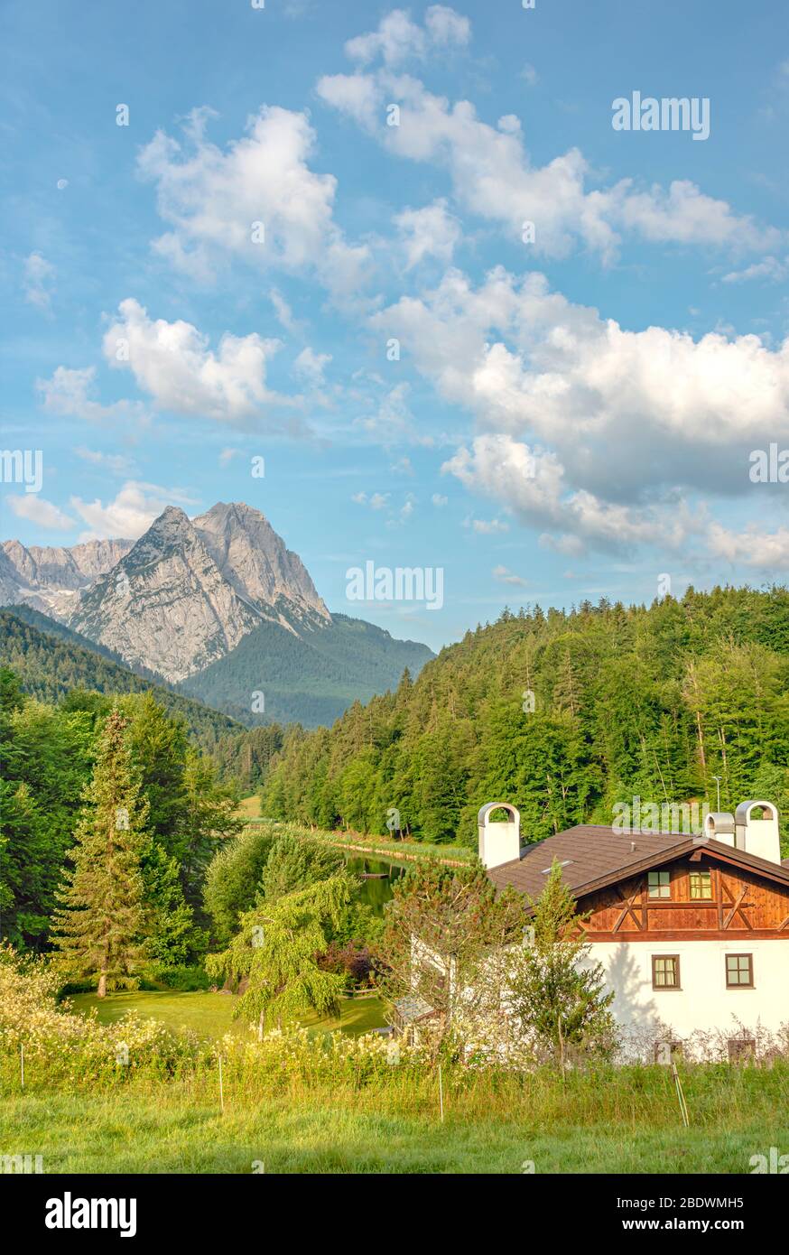 Landscape at the Riessersee with the Wettersteingebirge in the ...