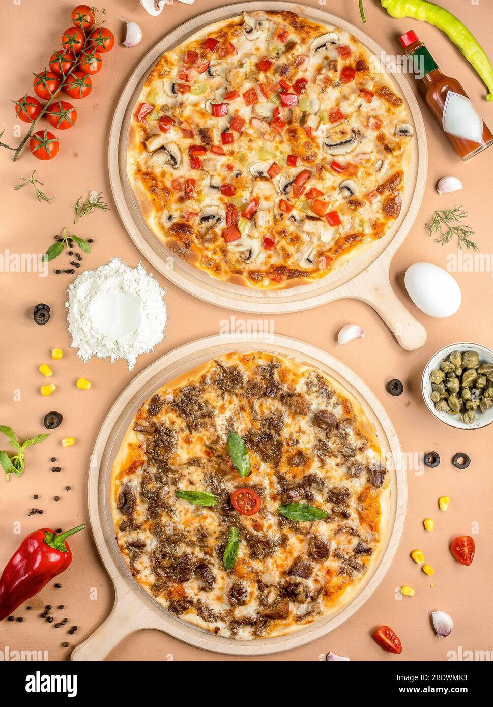 Top view two pizzas hi-res stock photography and images - Alamy