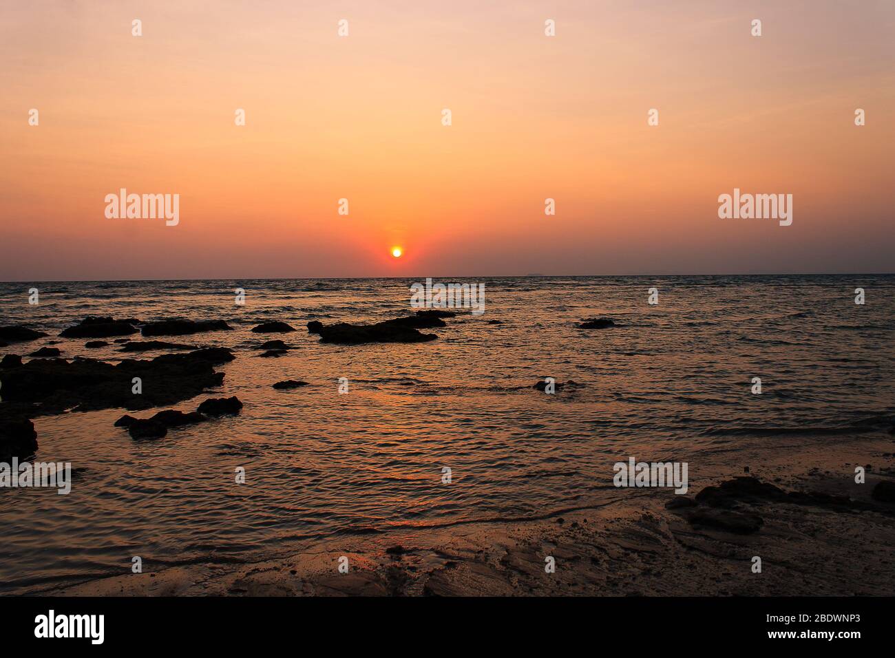 Amazing beautiful wide orange colorful sunset in Thailand Ko Lanta ...