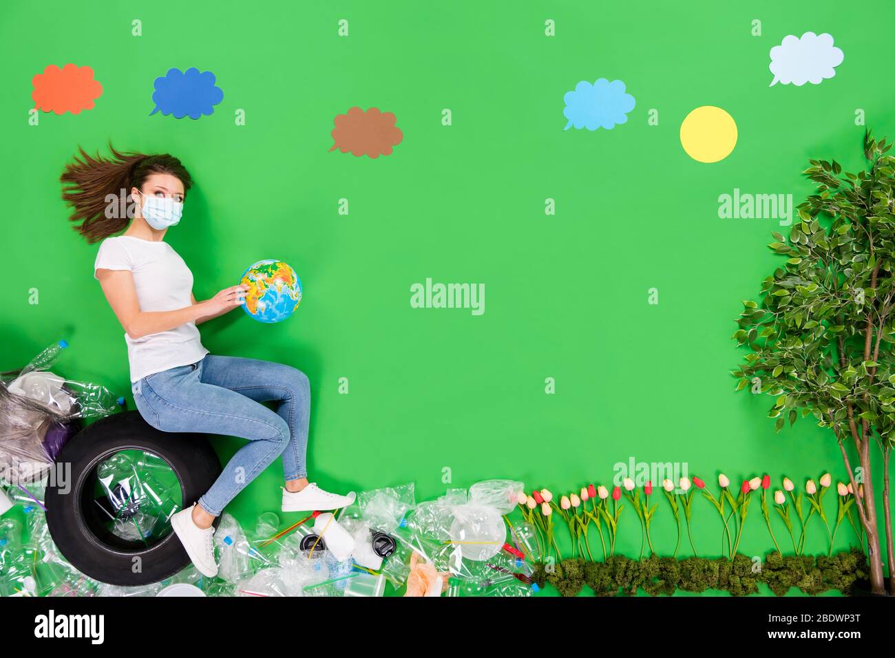 Save mother earth. High angle flat lay photo activist lady grow flowers ...