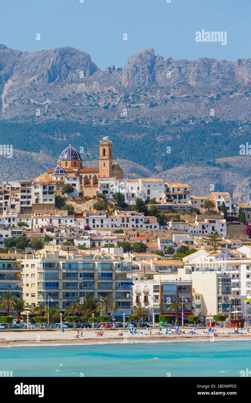 Altea, Costa Blanca, Alicante Province, Spain. Overall view to beach ...