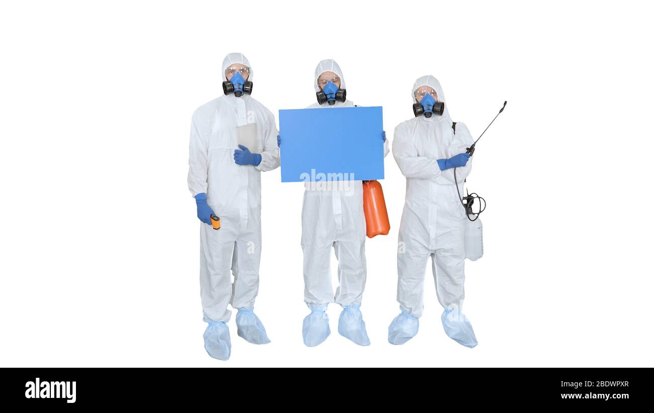 Team of epidemiologists holding blank board on white background Stock ...