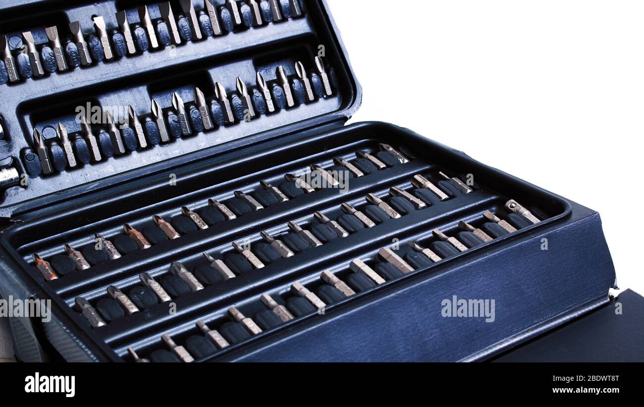 Black plastic box with bits for screwdriver isolated on white ...