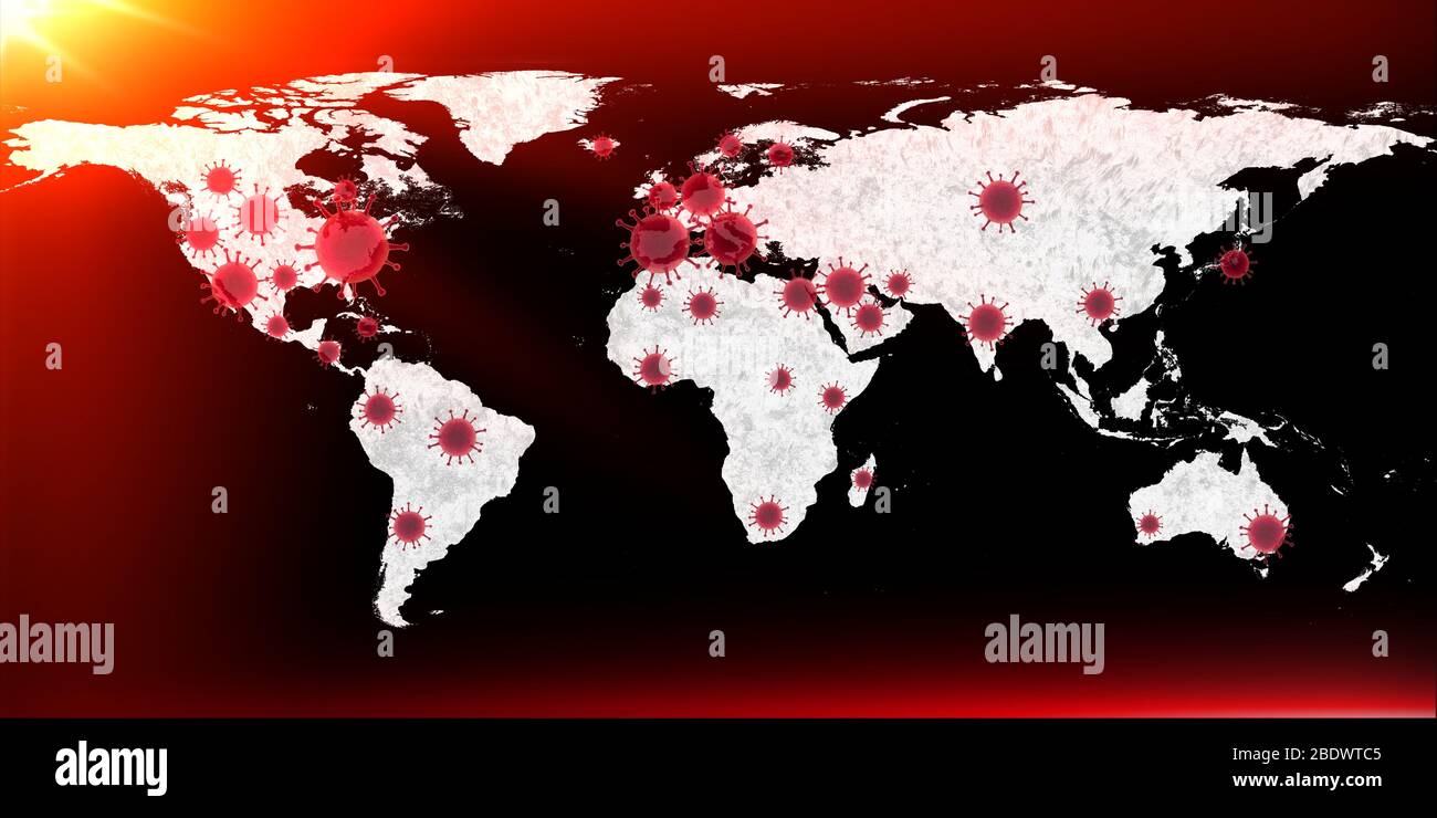 Illustration of a world map view on corona virus covid-19 outbreak ...