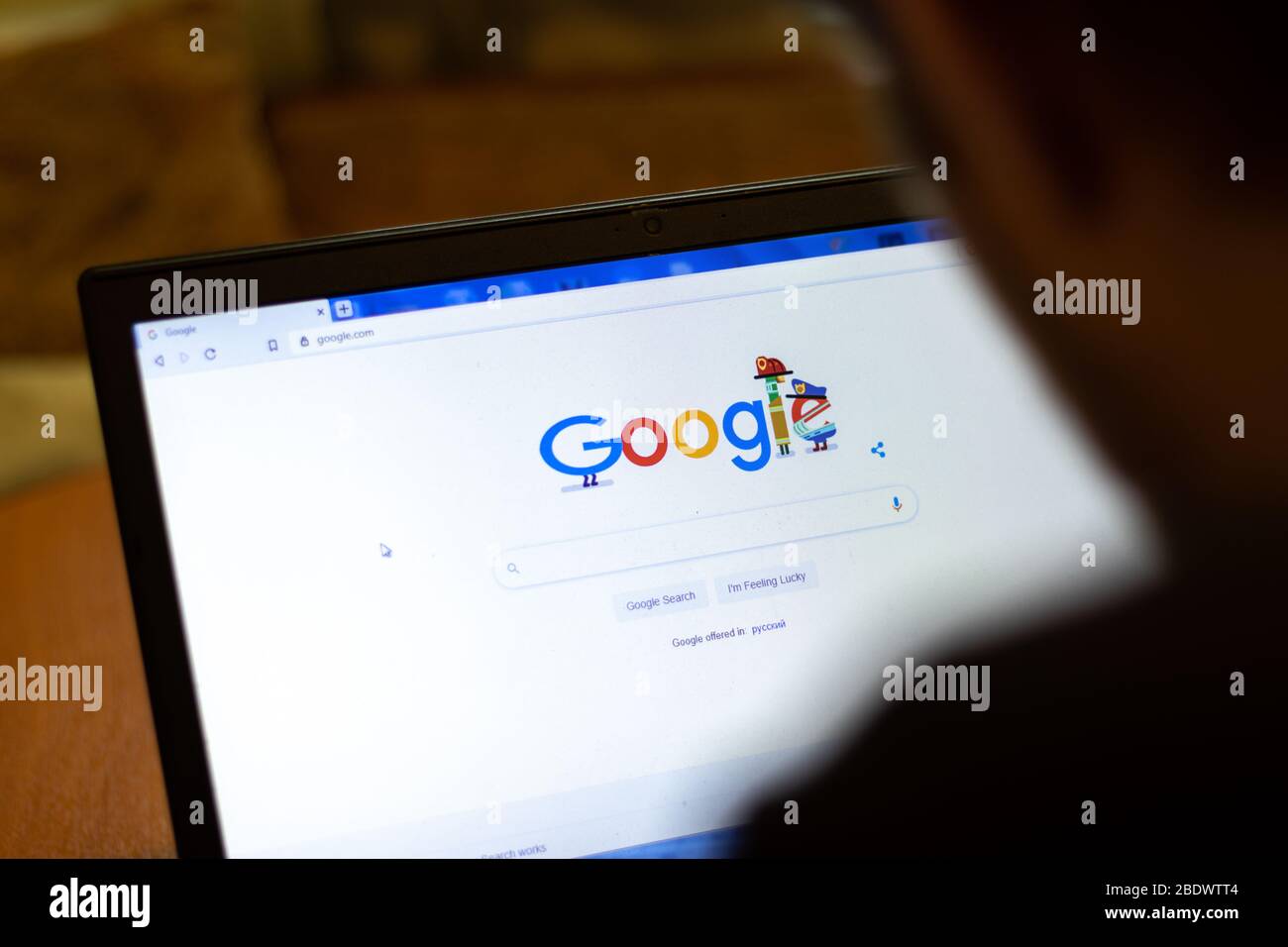 New York, USA - 9 April 2020: Google website on laptop screen close up ...