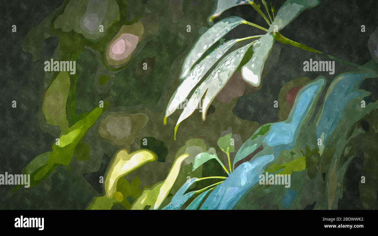 Watercolor painting illustration with green botanical garden plants ...
