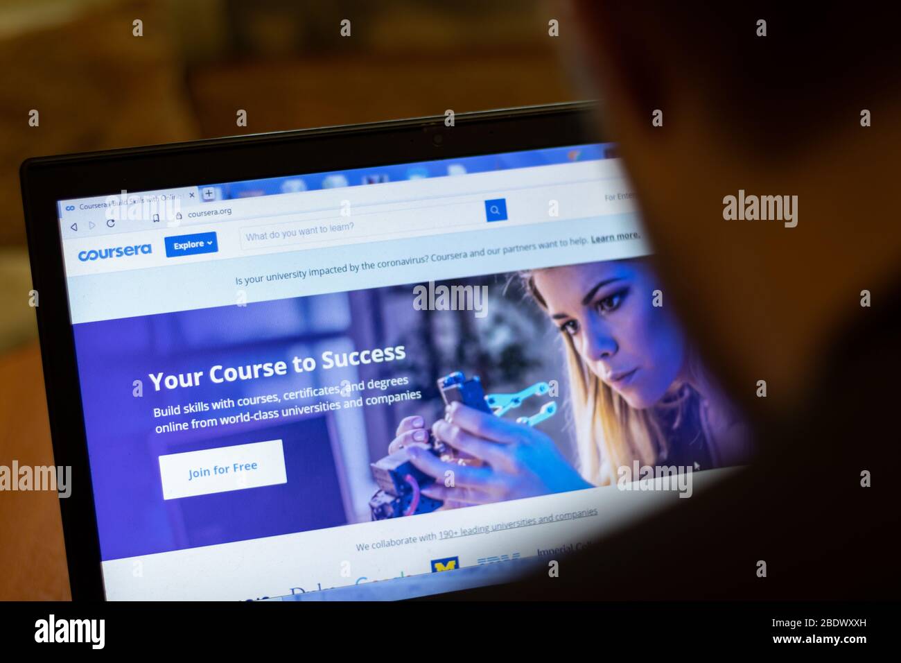 New York, USA - 9 April 2020: Coursera website on laptop screen close ...