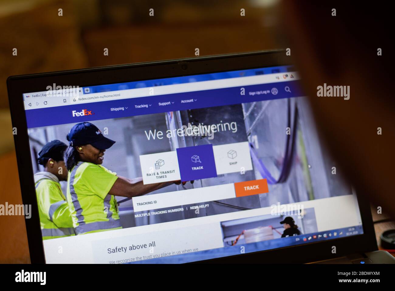 New York, USA - 9 April 2020: FedEx website on laptop screen close up ...