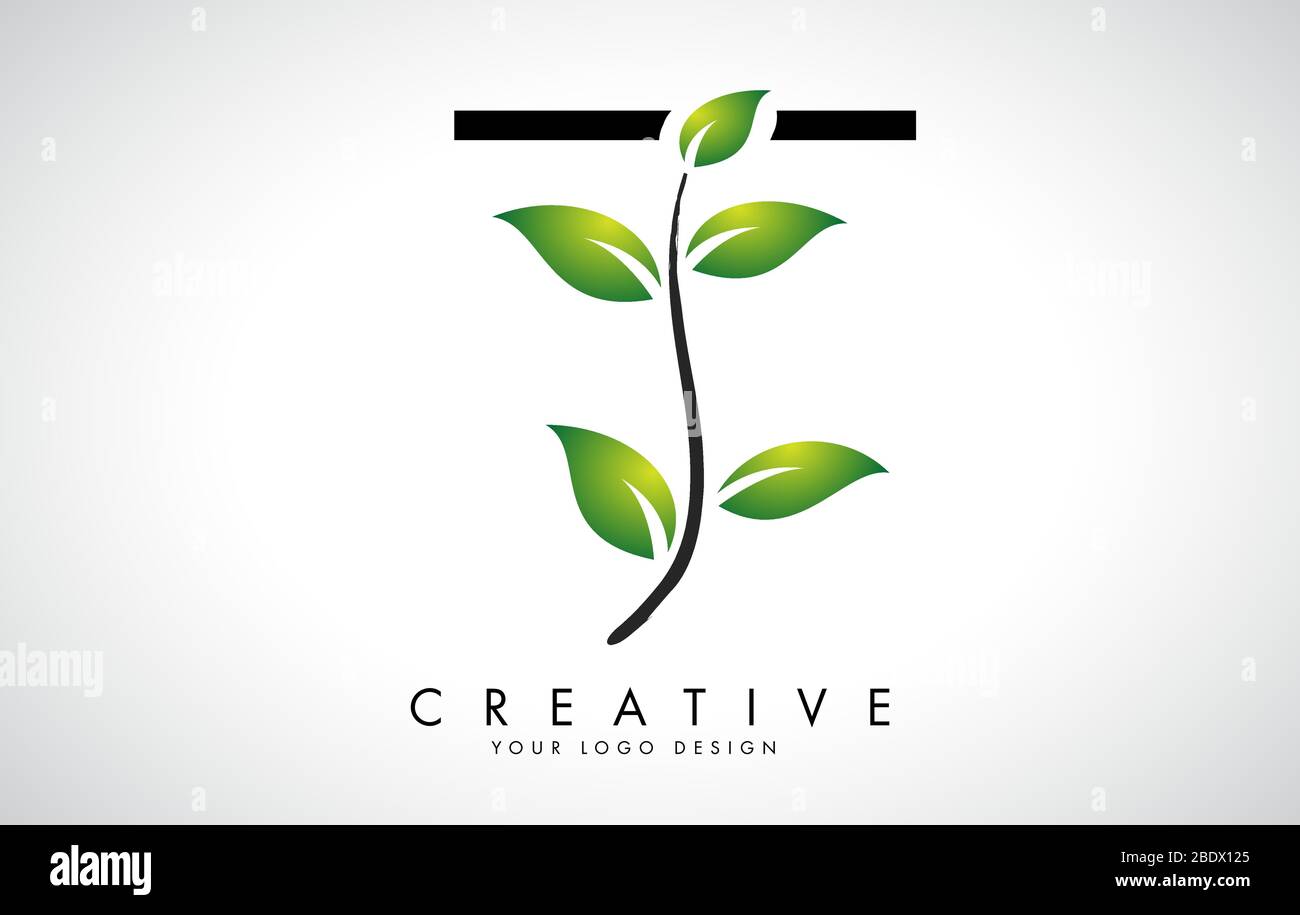 Leaf Letter T Logo Design with Green Leaves on a Branch. Letter T with ...
