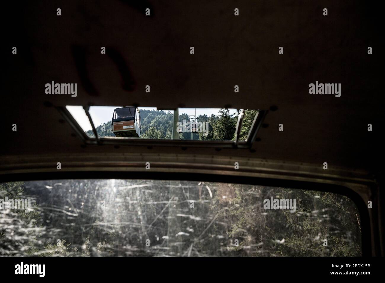 Cable cars on the line leading to the ski resort of Plose seen through ...