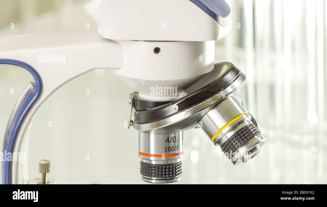 The objective lens of the microscope in the laboratory used for science ...