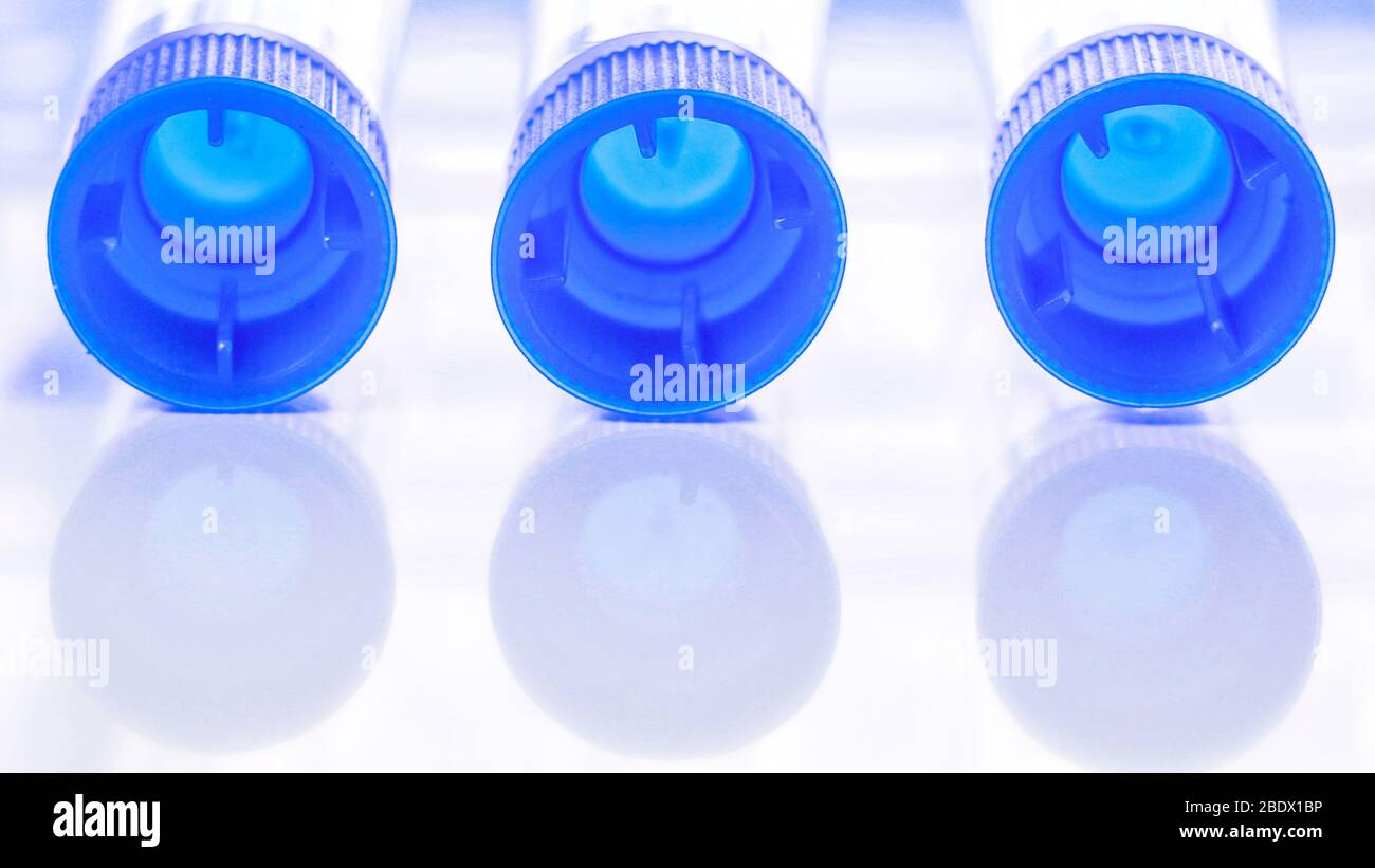 Blue caps of the small tubes in the laboratory used to store chemicals ...