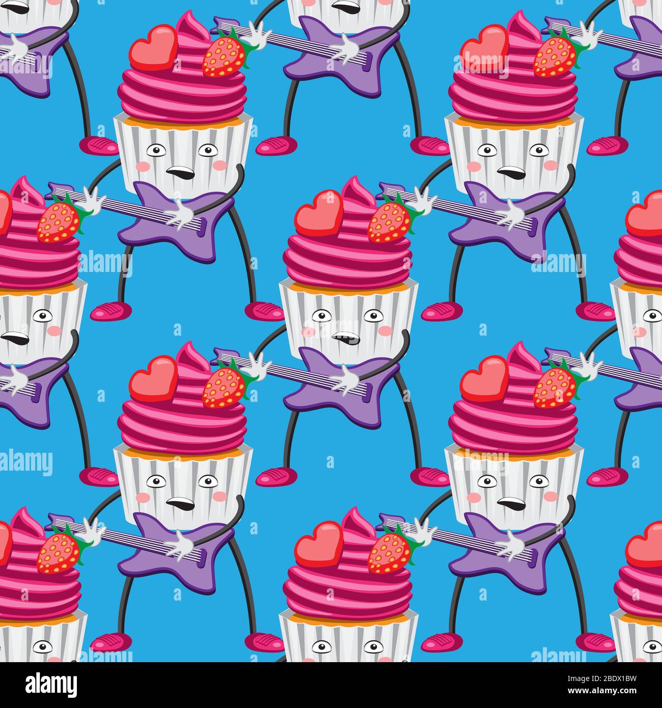 Seamless cake pattern with guitar cartoon on blue background. Vector ...