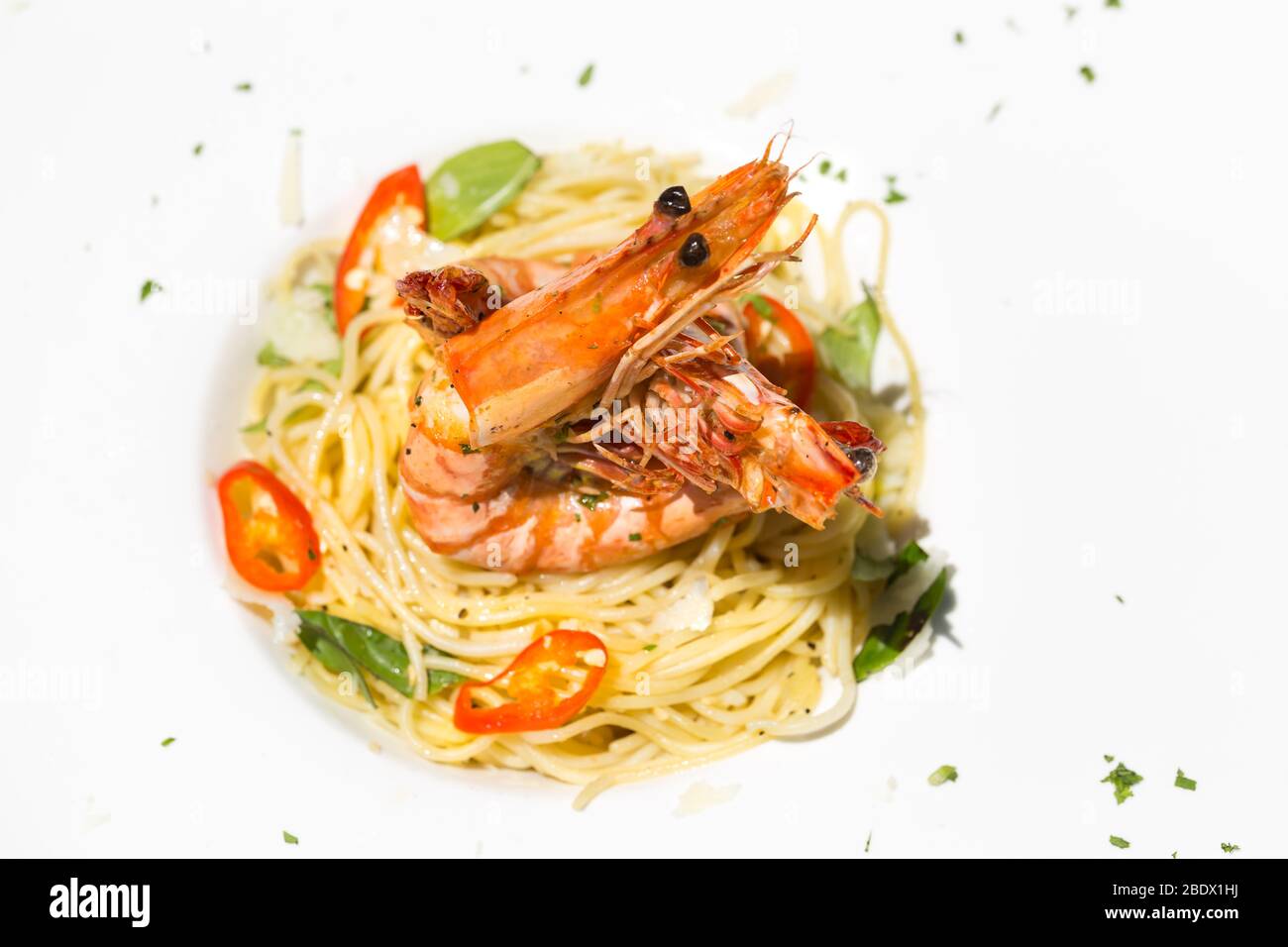 Italian Spaghetti with tiger prawn. Copy Space Stock Photo - Alamy