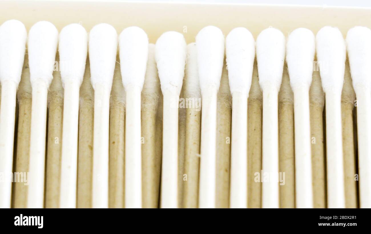 The closer look of the white buds of the stick of the cotton buds in ...
