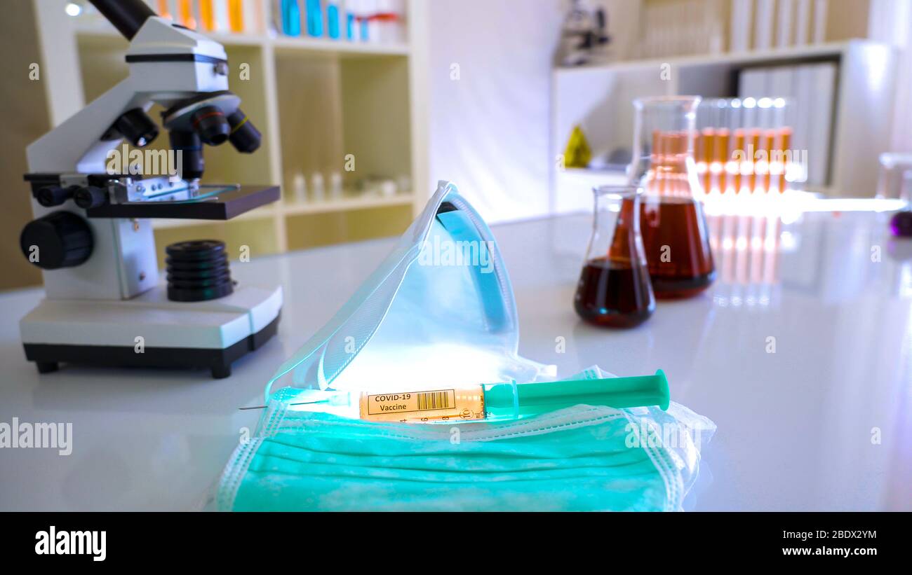A look of the table inside the laboratory with the facemask syringe ...