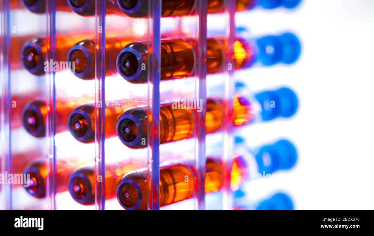 Chemical fluids inside the test tubes in the rack on the table inside ...