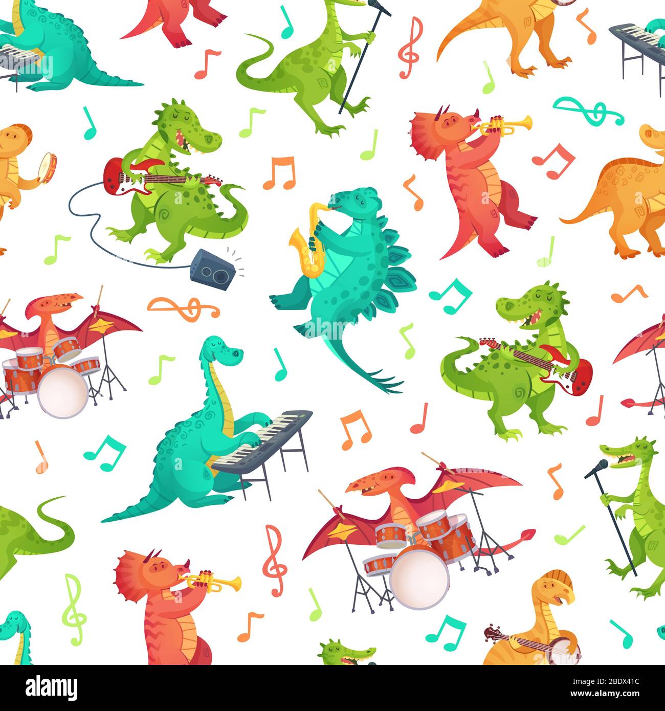 Seamless cartoon music dinosaurs pattern. Dino band, cute dinosaur ...