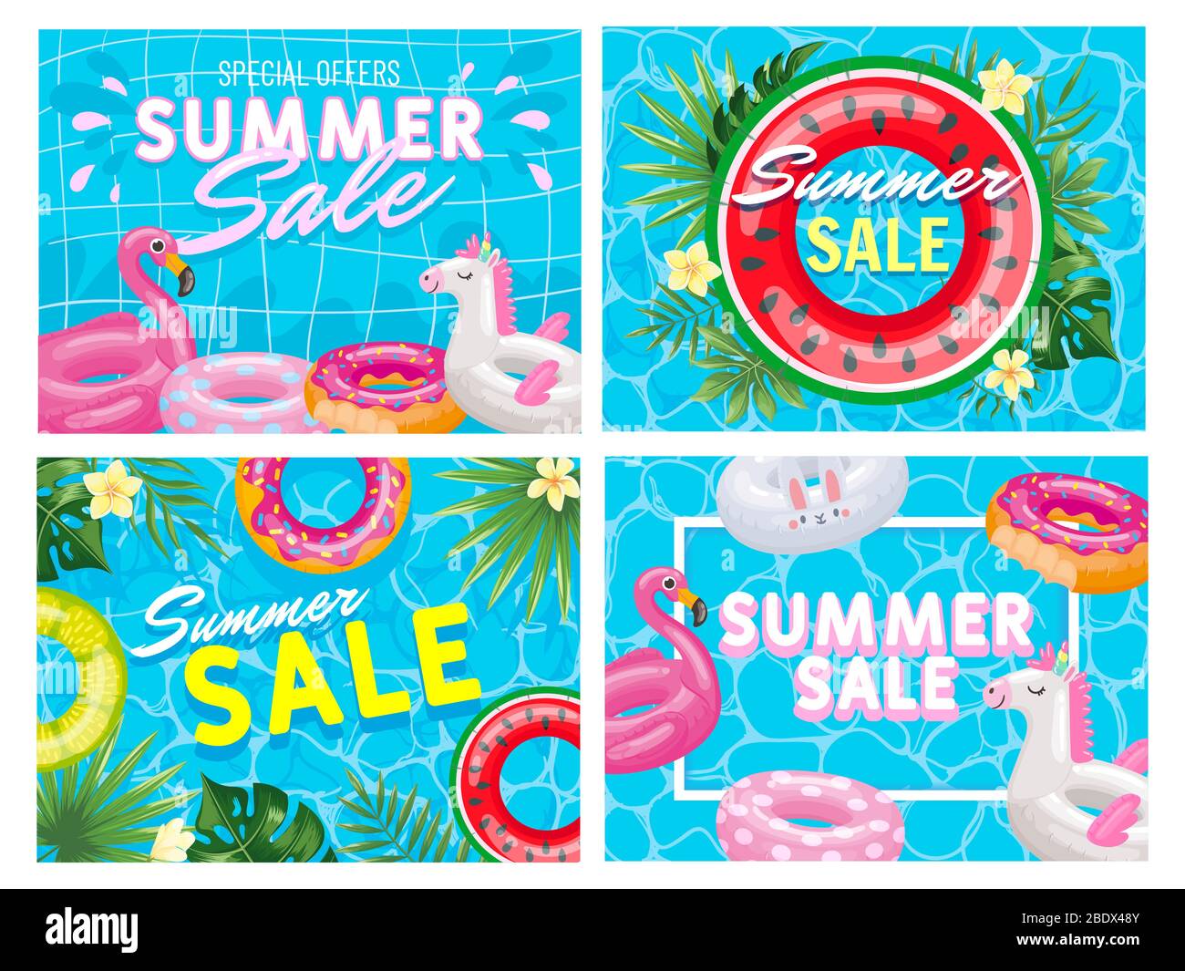 Summer sale banner. Summer pool deal flyer, fancy pink flamingo and ...