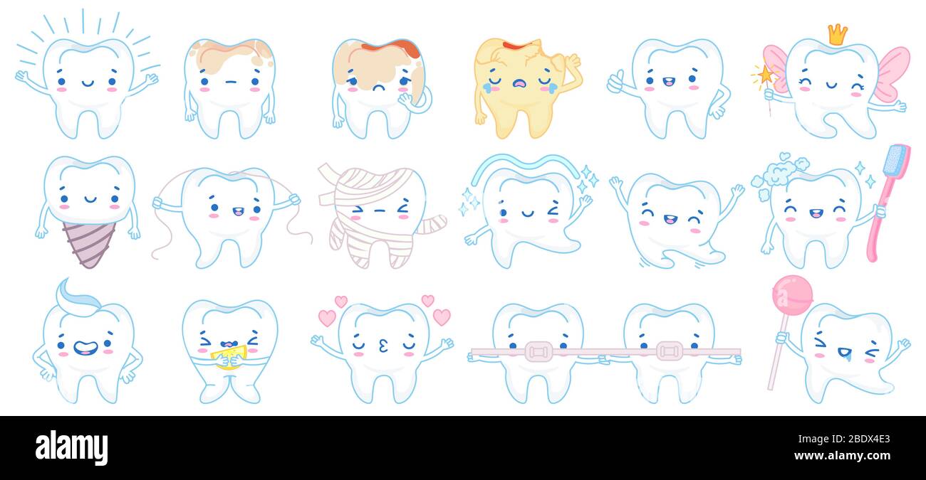 Cartoon tooth mascot. Happy smiling teeth treatment characters ...