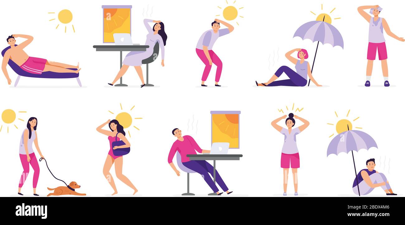 People suffer from heat. Sunstroke, summer hot weather and overheating ...