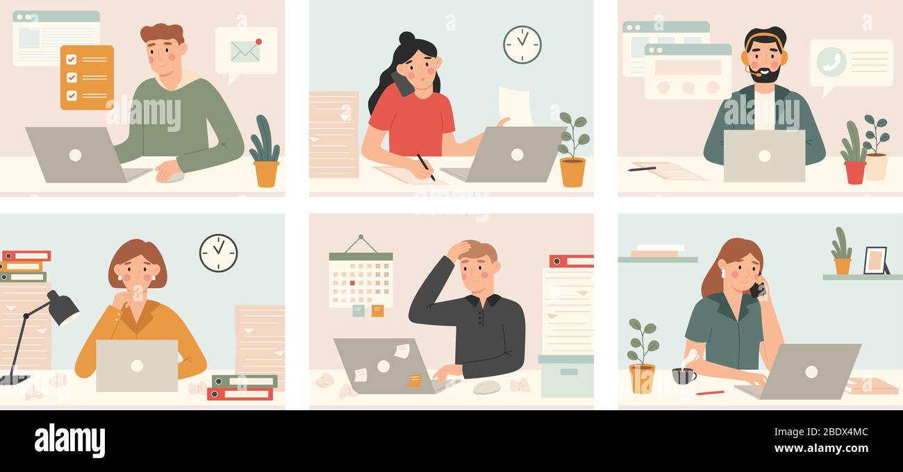 Busy workers work with laptop. Deadline, tired overworked people with ...